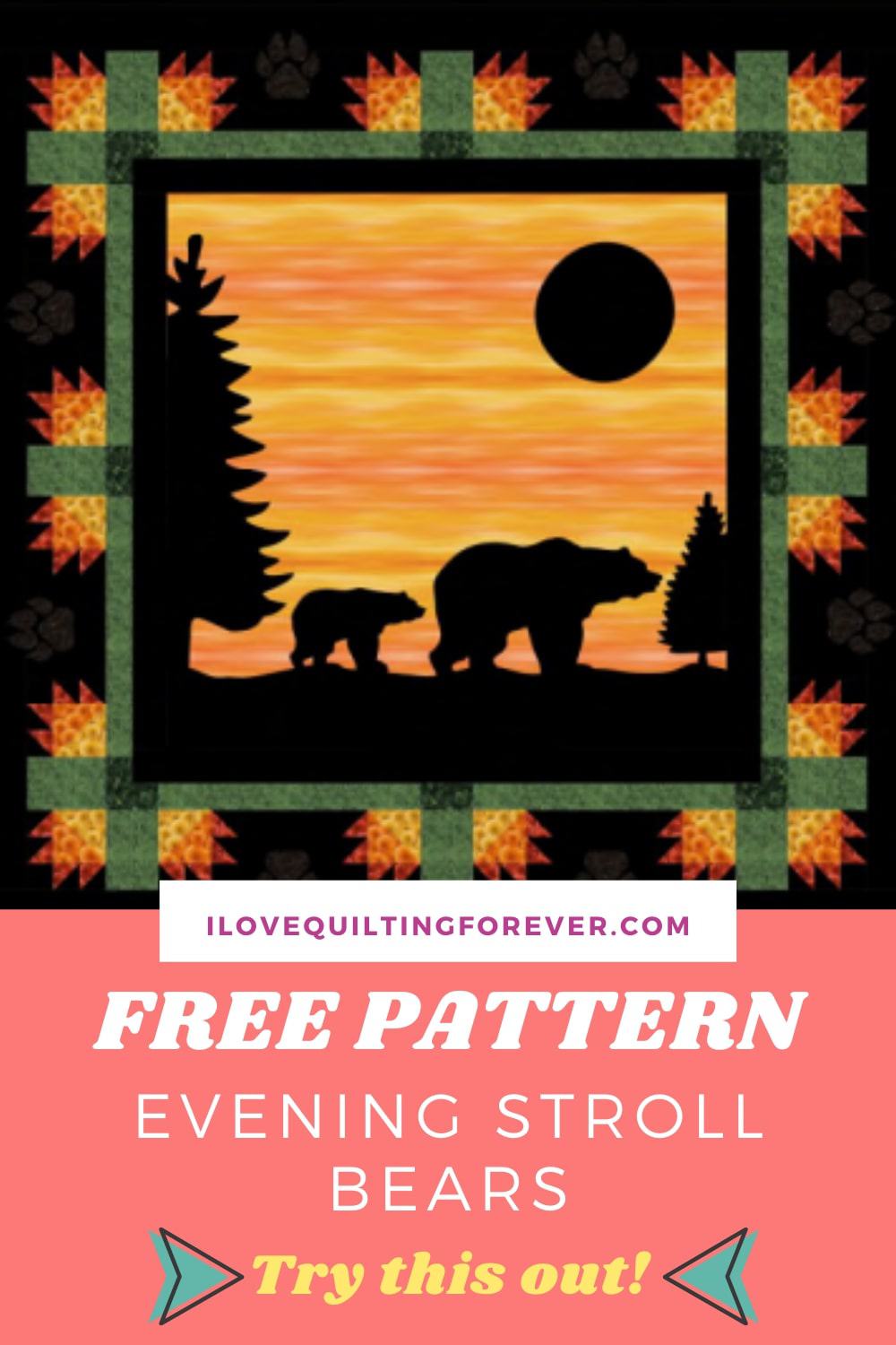 Free Quilt Pattern: Evening Stroll Bears - I Love Quilting Forever